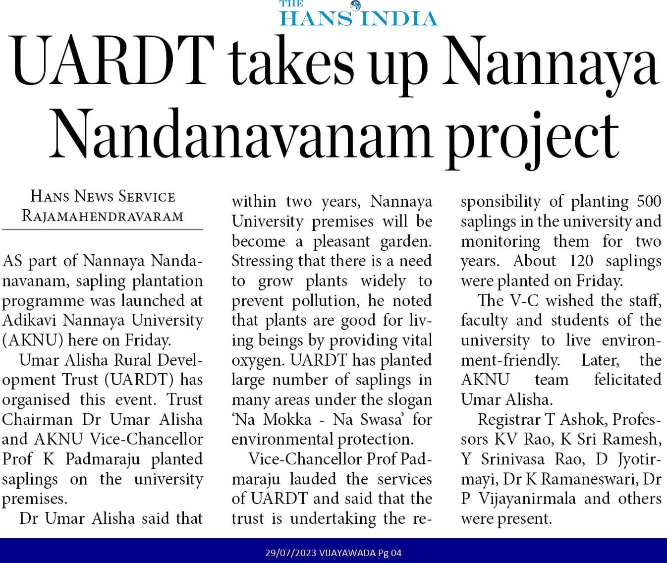 UARDT Tree Plantation in Adikavi Nannaya University on 28th July 2023 ...